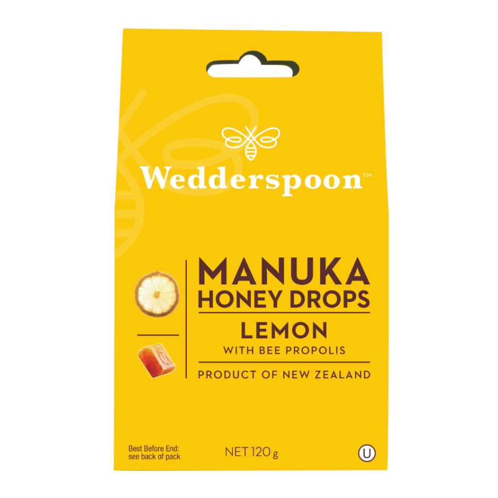 Wedderspoon Manuka Raw Honey Drops – Lemon Flavour with bee propolis ...